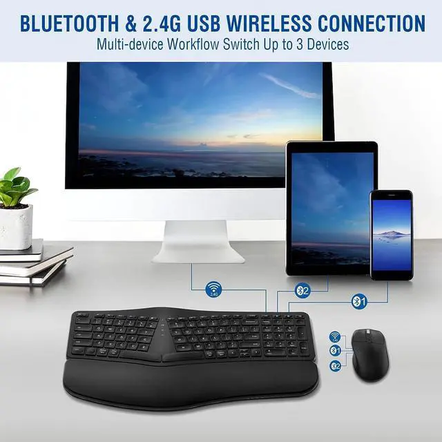 MK960 Ergonomic Wireless Keyboard Mouse Combo, Bluetooth/2.4G Split Design Keyboard with Palm ...