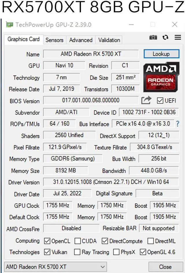 Refurbished: 51RISC RX5700XT 8GB Graphics Card GPU GDDR6 256-bit 7nm video card Support Desktop ...