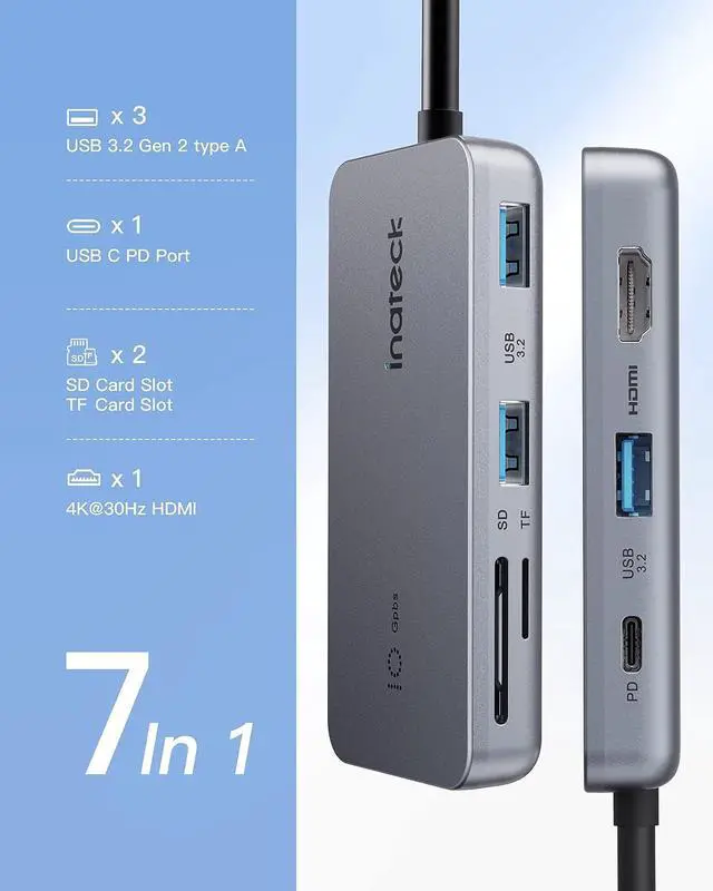 Inateck USB C Hub with 7 Ports, USB 3.2 Gen 2 Speed, 1.6ftcm Cable, HB2027 - Newegg.com