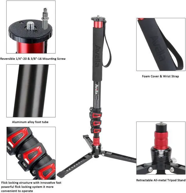 Avella A324D Aluminum 67 Inch Camera Monopod Professional Telescopic ...