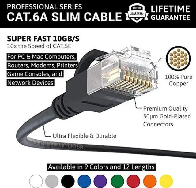 InstallerParts 7 FT (10 Pack) Cat6A Ethernet Cable - Black - Slim Cable - 10Gigabit/Sec - High ...