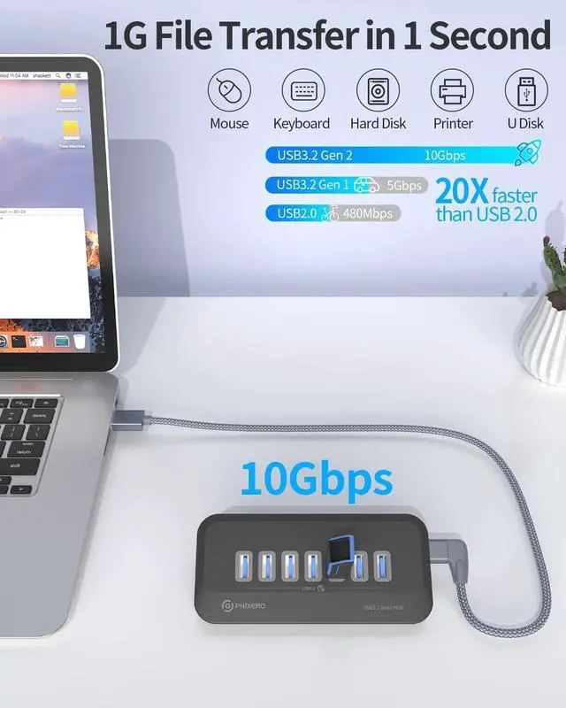 PHIXERO USB Port Hub 10Gbps, 7 Ports USB 3.2 Hub, High-Speed USB 3.2 ...