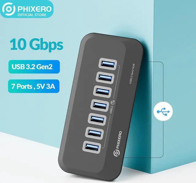 PHIXERO USB Port Hub 10Gbps, 7 Ports USB 3.2 Hub, High-Speed USB 3.2 ...