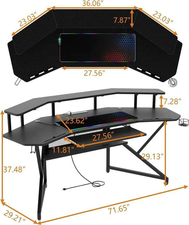 72" Gaming Desk with Power Outlet & Led Strip, Large Wing-Shaped ...