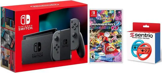 Nintendo switch in gray with mario kart game and accessories store