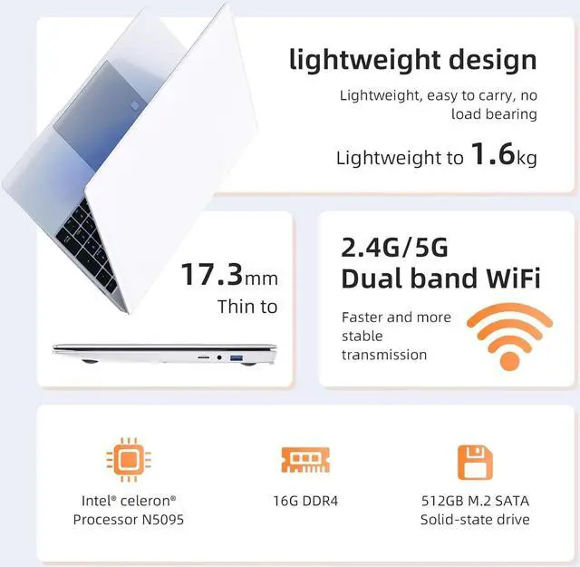Jasminer portable laptop 15.6 Inch Intel N5095 RAM 16GB SSD 512GB DDR4 1900*1200 Display Game ...