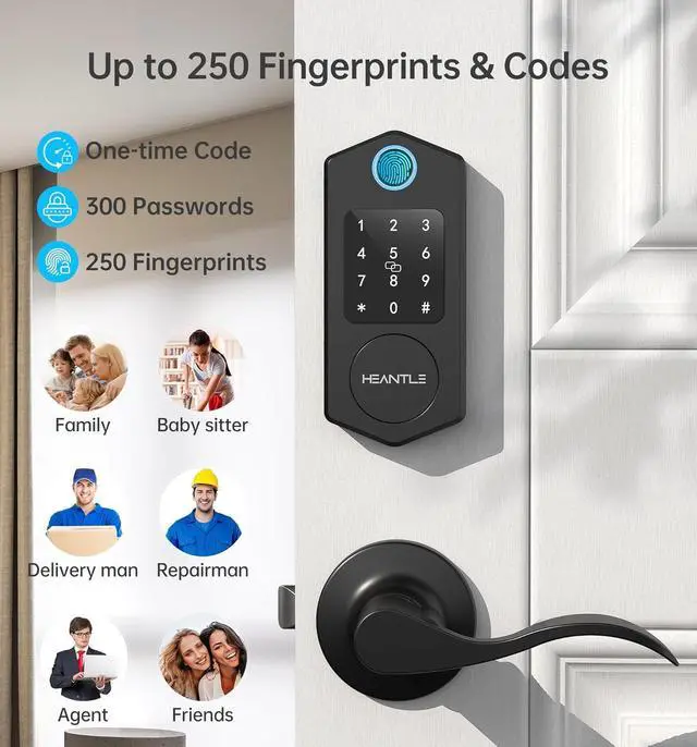 HEANTLE Smart Front Door Lock Set, 8-in-1 Fingerprint Keyless Entry Door Lock with App Control ...