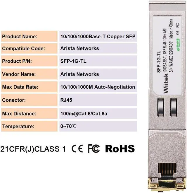 1.25G SFP-T, 10/100/1000BASE-T Gigabit Copper SFP, Wiitek SFP to RJ45 Transceivers 100m ...