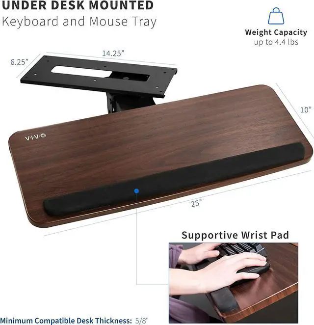 Adjustable Computer Keyboard and Mouse Platform Tray Ergonomic Under Table Desk Mount Drawer Underdesk Shelf Dark Wood Top Black Frame MOUNT KB03D