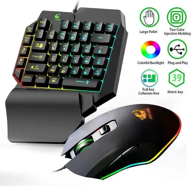 Zhhyyds T1 One Handed Gaming Keyboard and Mouse Combo, Rainbow Backlit ...