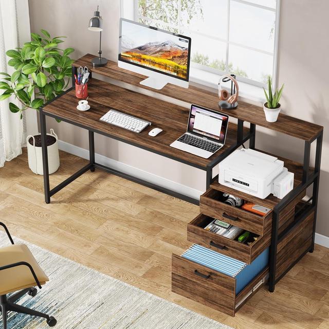 Tribesigns 63 Inch Computer Desk with File Drawer Cabinet Ergonomic Office Desk with Monitor Stand Rustic Brown Newegg