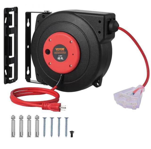 VEVOR Retractable Extension Cord Reel Power Cord Reel 45FT 12AWG/3C ...