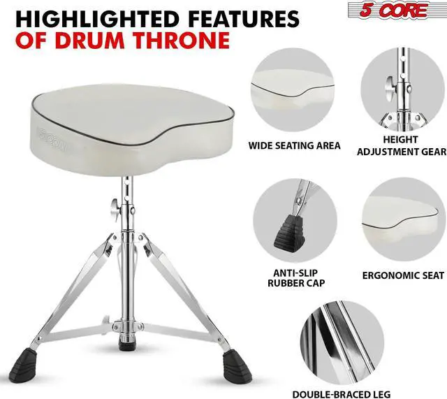 5 Core Drum Throne White Height Adjustable Guitar Stool Thick Padded ...
