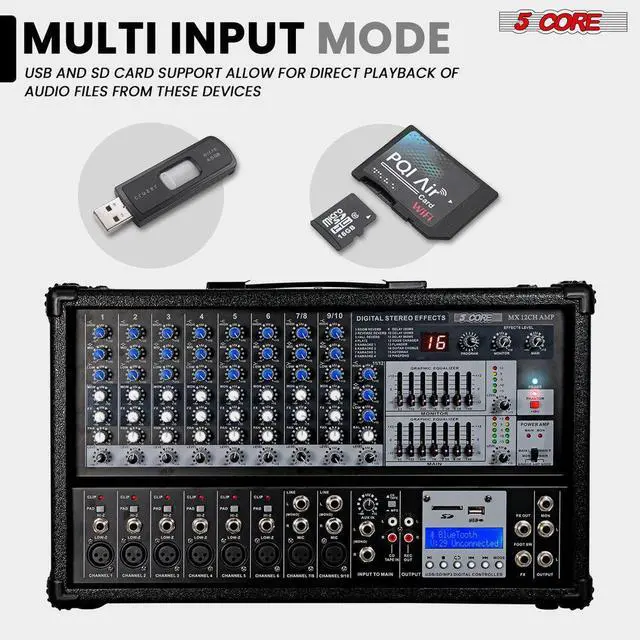 5 Core Pro Audio Mixer Powered 12 Channel Mixer System w 99 Digital ...