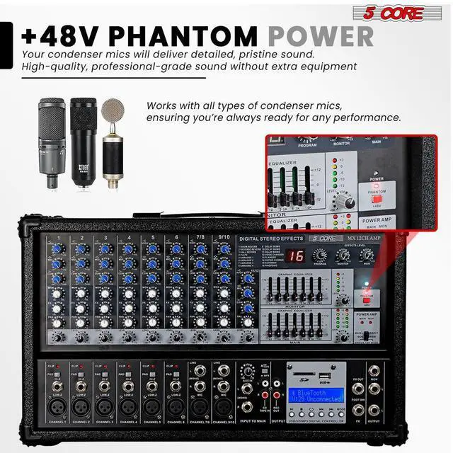 5 Core Pro Audio Mixer Powered 12 Channel Mixer System w 99 Digital Effects USB MP3 Bluetooth SD ...