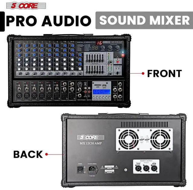 5 Core Pro Audio Mixer Powered 12 Channel Mixer System w 99 Digital Effects USB MP3 Bluetooth SD ...