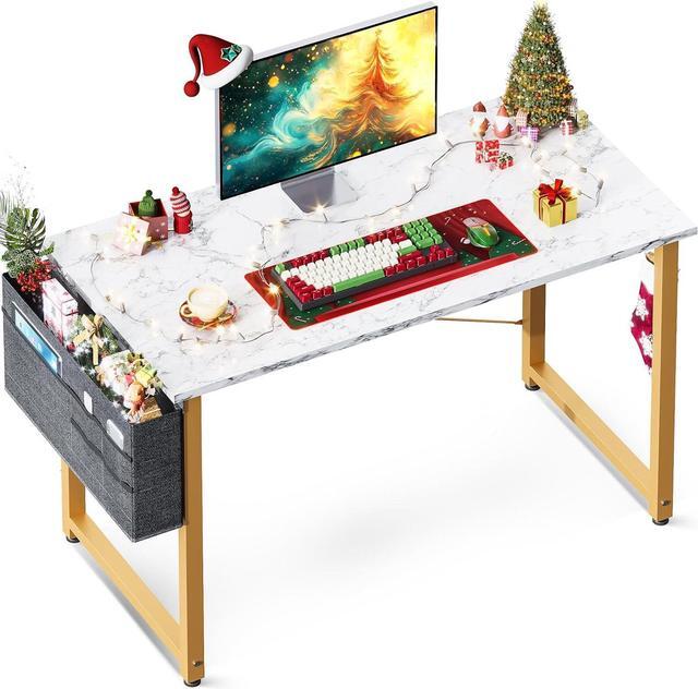 ODK Computer Desk 40 Inch Small Study Desk Office Desk with Storage Work Table with Headphone Hook for Small Space Home Office White Marble Gold