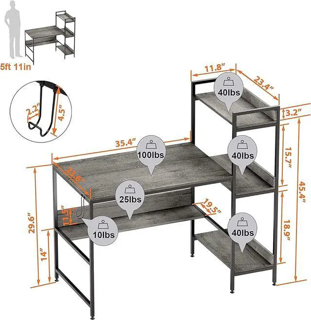Bestier Computer Office Desk with Steel Frame, Reversible Book Shelves ...