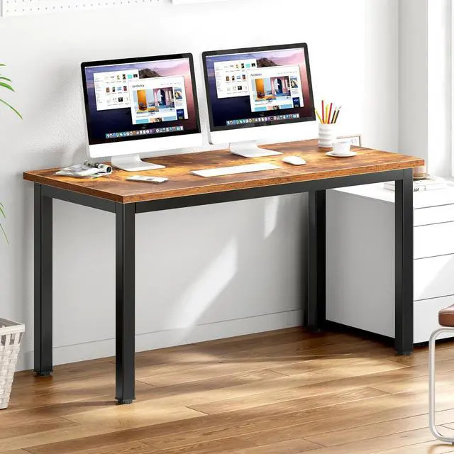 DlandHome Large Computer Desk Composite Wood Board Decent and Steady Home Office Desk Workstation Table 54.3inch Retro Black