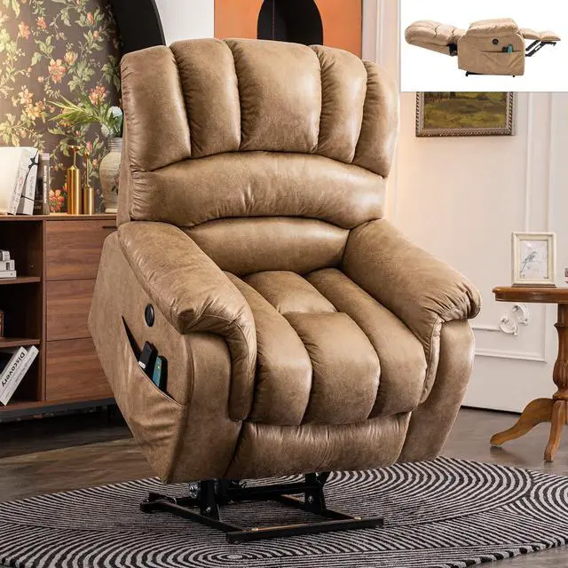 MEETWARM Large Dual OKIN Motor Power Lift Recliner Chair for Elderly Big Man Lay Flat Sleeper Electric Recliner with Massage and Heat Infinite Position 2 Remote Controls USB Port Side Pockets Sand New...