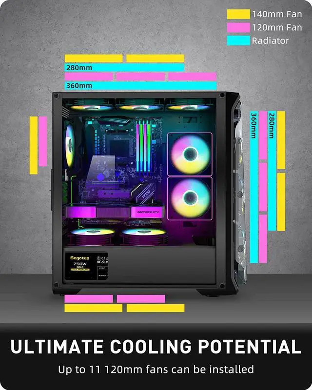 Segotep LUX PC Case with 4 Pre-Installed RGB Fans, up to 11 Fans ...