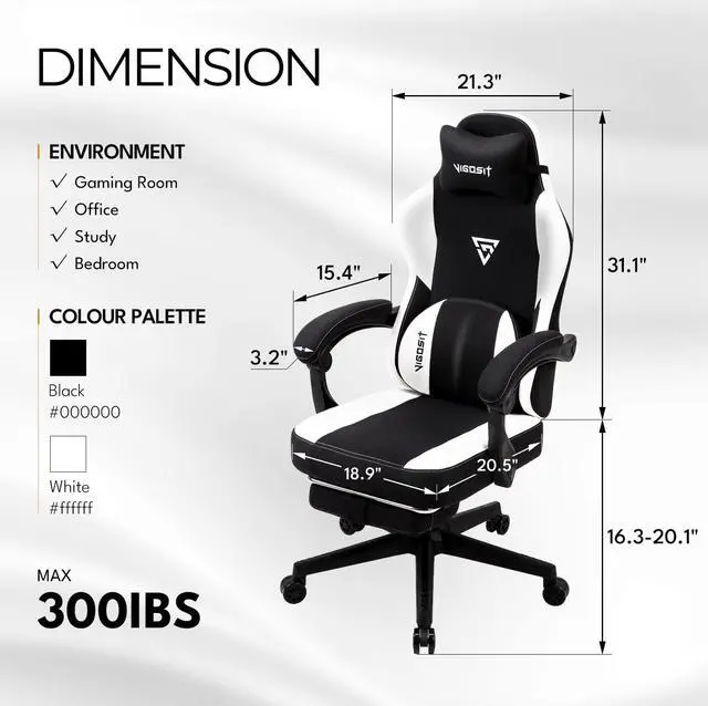 Vigosit Gaming Chair with Footrest, Fabric Gamer Chair with Lumbar ...