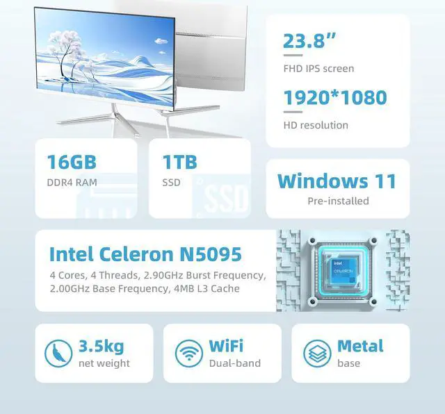 JUSTTHINK 23.8 Inches All-in-One PC Intel Celeron N5095 16GB DDR4 RAM+ ...