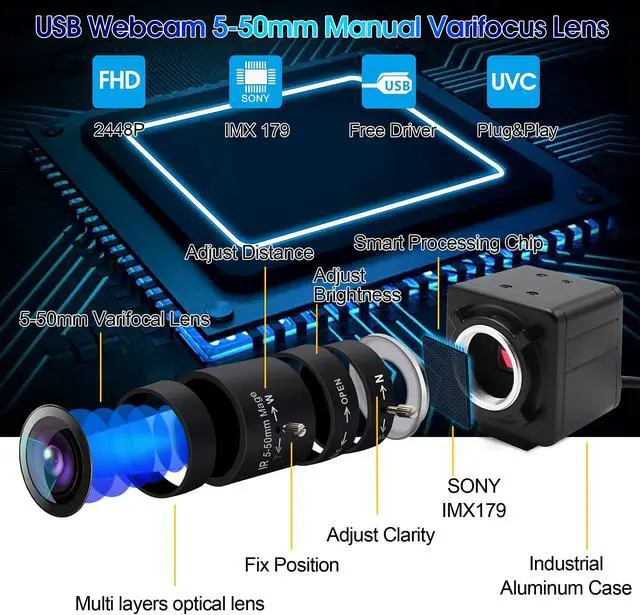 8MP USB Camera Manual Zoom 4K Webcam 5-50mm Variable Focus PC Camera ...