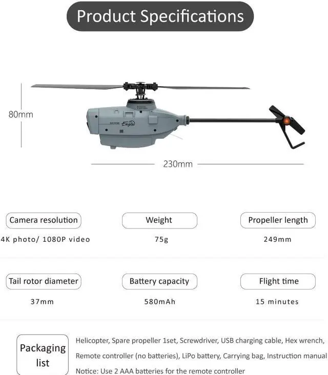 ida drone Eagle Helicopter 4K HD- 75g weight, 4CH 6-Axis Gyro, Optical Flow Localization ...