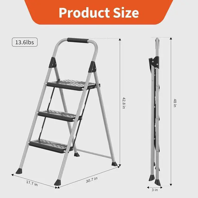 3 Step Ladder, Folding Step Stool with Anti-Slip Wide Pedal, Soft ...