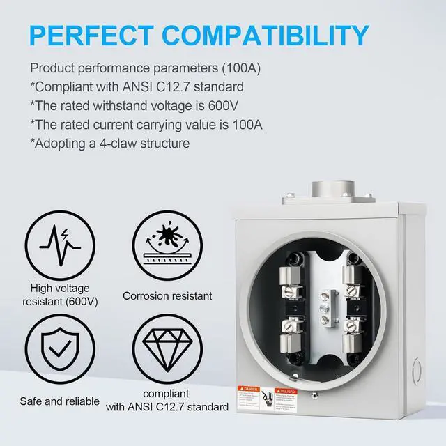 100 Amp Meter Socket, 4 Jaw Meter Base, 600V 3 Wire Ring Type, with ...
