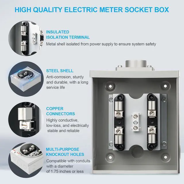 100 Amp Meter Socket, 4 Jaw Meter Base, 600V 3 Wire Ring Type, with ...