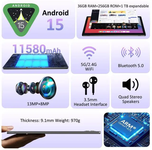 ROSYVIBE 2025 14 Inch Android 15 Tablet with Stylus, 2K FHD Display ...