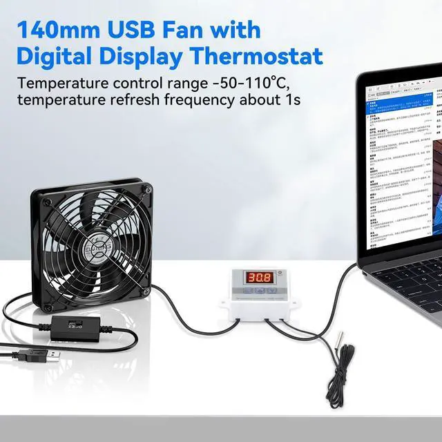ELUTENG USB Fan 140mm with Digital Temperature Controller, 5V USB ...