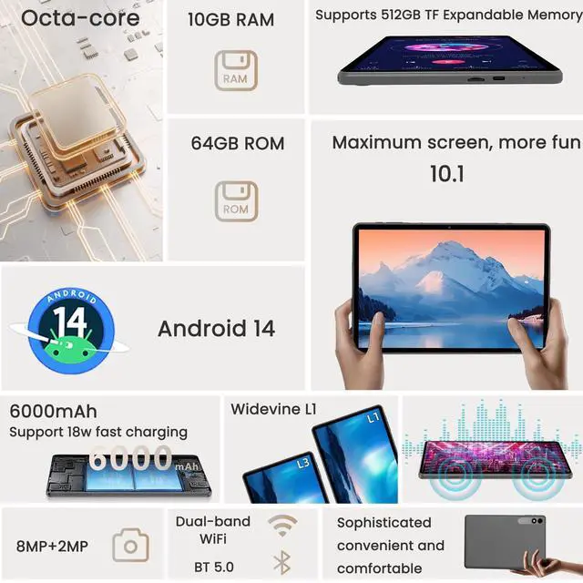Android 14 Tablet,10 inch Tablets, Octa Core CPU, 10GB+64GB+512GB ...