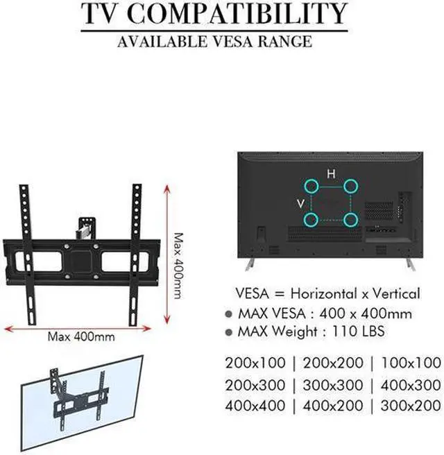 32-65" Swivel Full Motion TV Wall Mount Bracket Up And Down -10~ 10 ...
