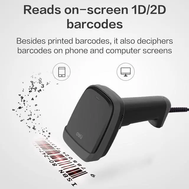 Deli Barcode Scanner Handheld USB 1D 2D Wired Automatic QR Code Scanner ...