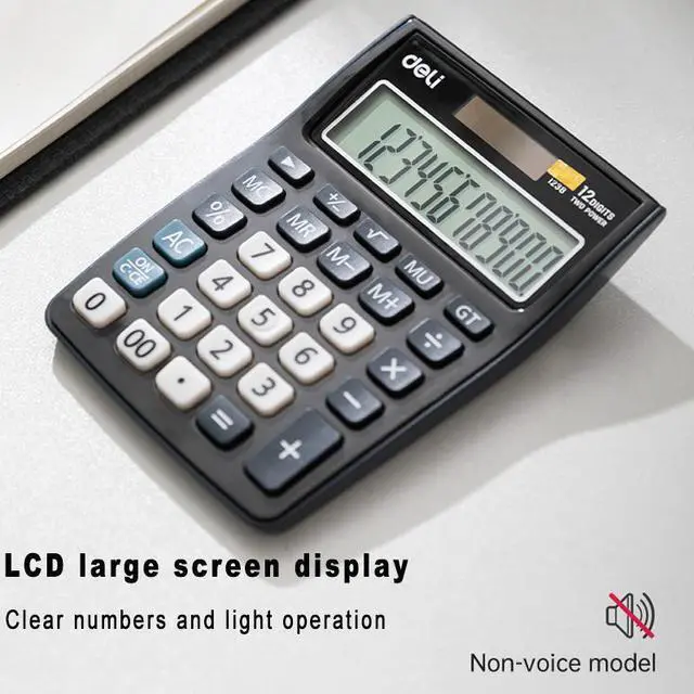 Deli Desktop Calculator 12 Digit Large LCD Display and Sensitive Button Solar and Battery Dual ...