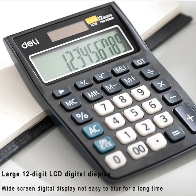 Deli Desktop Calculator 12 Digit Large LCD Display and Sensitive Button Solar and Battery Dual ...