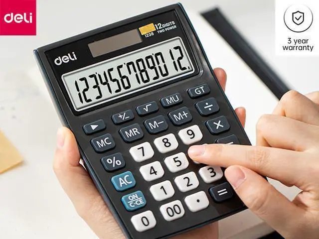 Deli Desktop Calculator 12 Digit Large LCD Display and Sensitive Button Solar and Battery Dual ...