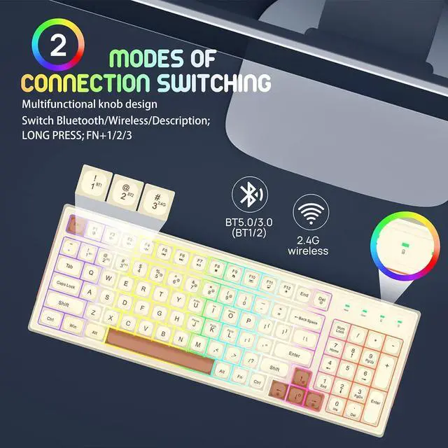 KOLMAX BK98 Wireless Gaming Keyboard, Dual Mode 2.4G/Bluetooth Gaming ...