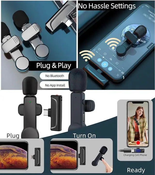 2 Pack Lavalier Microphone USB C Wireless Lav Mic for Android Phone ...