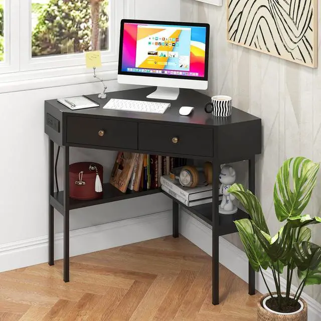Tangkula Corner Desk with 2 Drawers & Built-in Charging Station, 90 ...