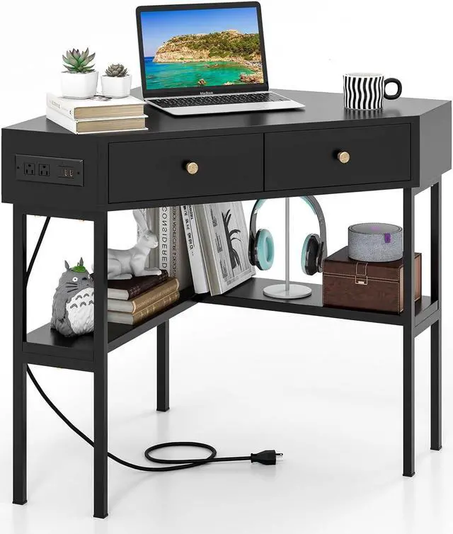 Tangkula Corner Desk with 2 Drawers & Built-in Charging Station, 90 ...