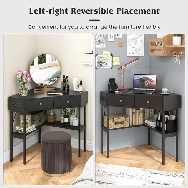 Tangkula Corner Desk with 2 Drawers & Built-in Charging Station, 90 ...