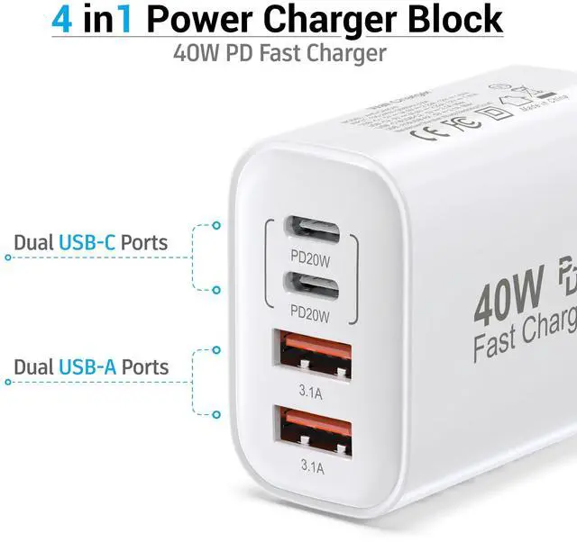 USB C Block 40W, 4 Ports Wall Plug Fast Charging Block, PD+QC Multiport ...