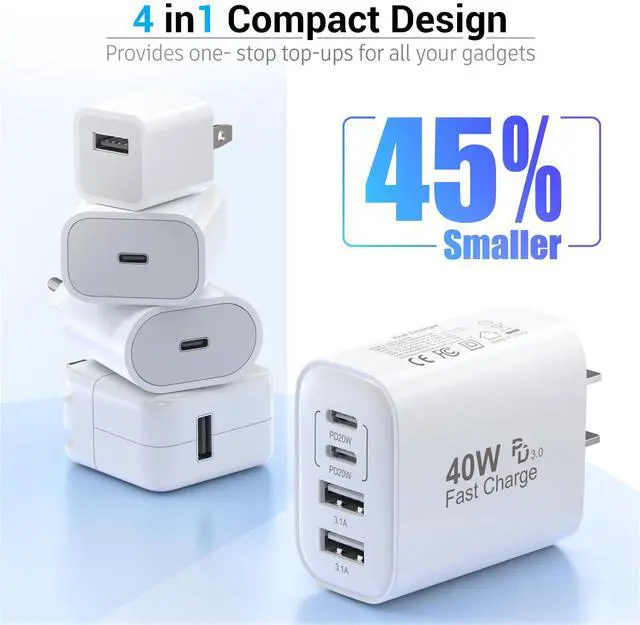 USB C Block 40W, 4 Ports Wall Plug Fast Charging Block, PD+QC Multiport ...