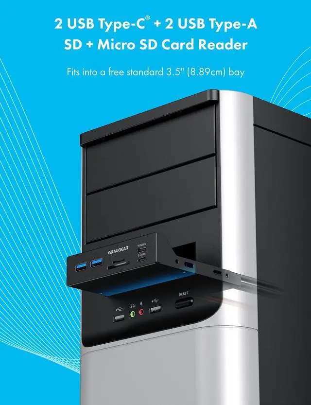 GRAUGEAR 3.5 inch Front Panel USB Hub w/Internal Card Reader, 10Gbps USB3.2 USB C, SD/microSD ...