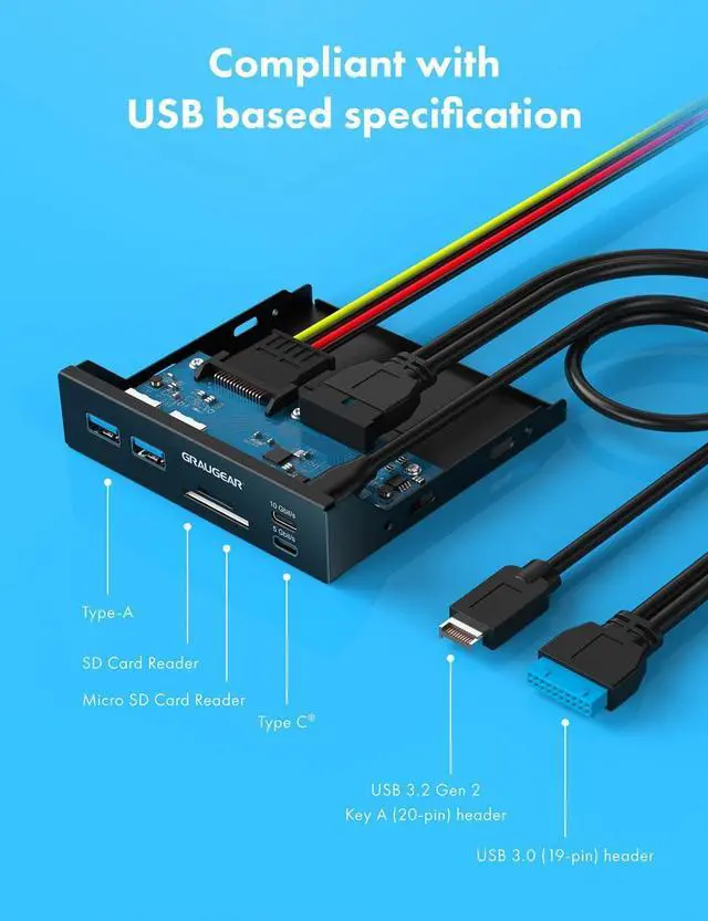 GRAUGEAR 3.5 inch Front Panel USB Hub w/Internal Card Reader, 10Gbps USB3.2 USB C, SD/microSD ...
