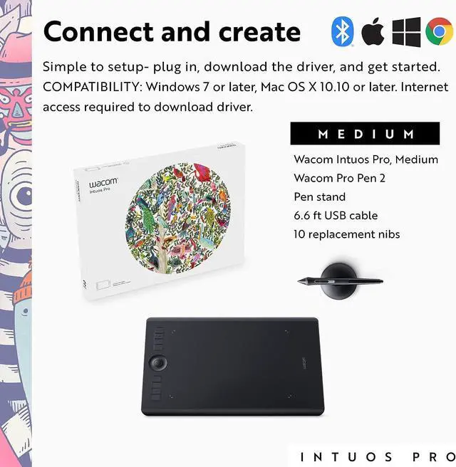 Wacom Intuos Pro Medium Bluetooth Graphics Drawing Tablet, 8 ...